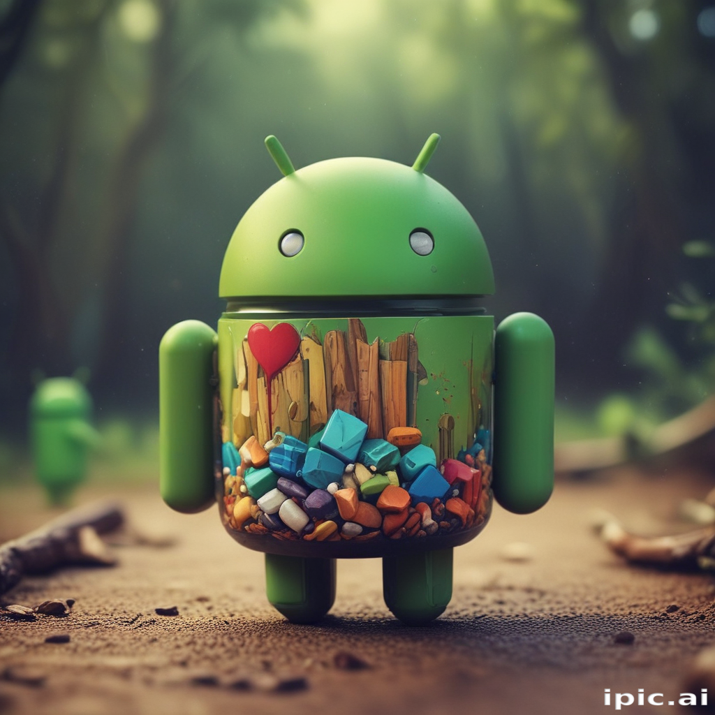 Colorful Android Robot Surrounded by Lush Green Forest and Nature Elements