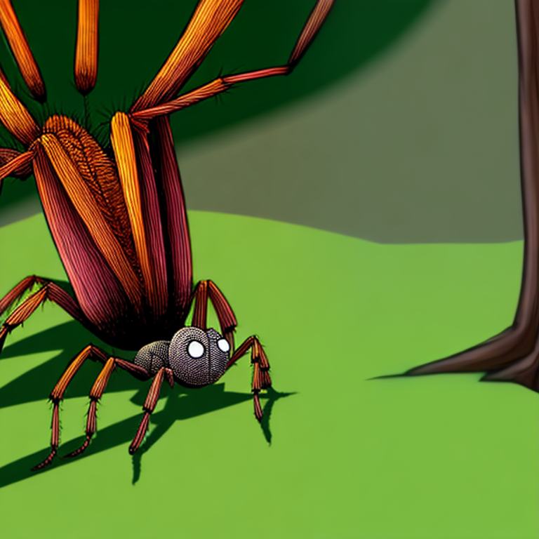 spider crawling up a lush tree, cartoon style