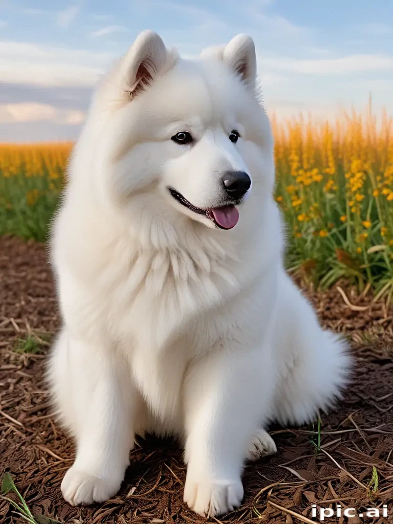 Fluffy Samoyed Dog Sitting Gracefully in a Beautiful Field of Flowers
