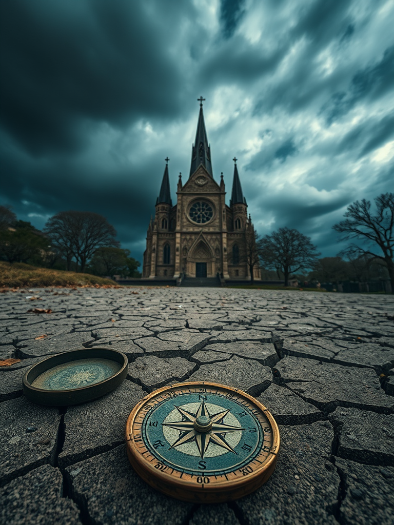 An Intriguing Compass Lies on Cracked Ground Beneath an Imposing Church
