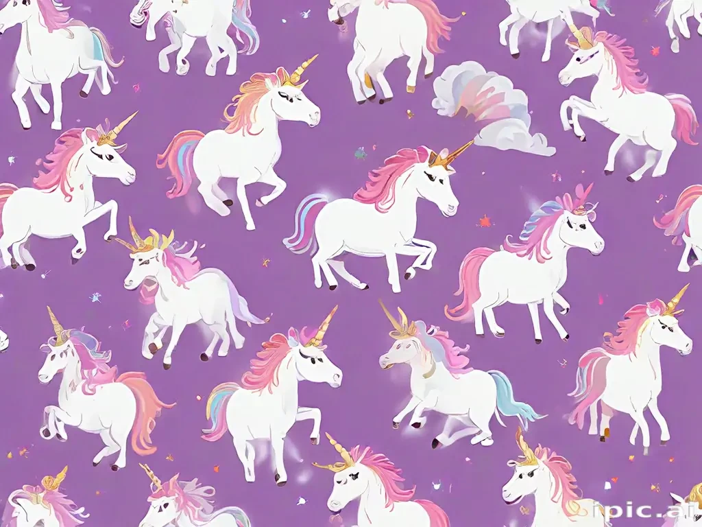 A Whimsical Pattern of Colorful Unicorns Dancing on a Purple Background.