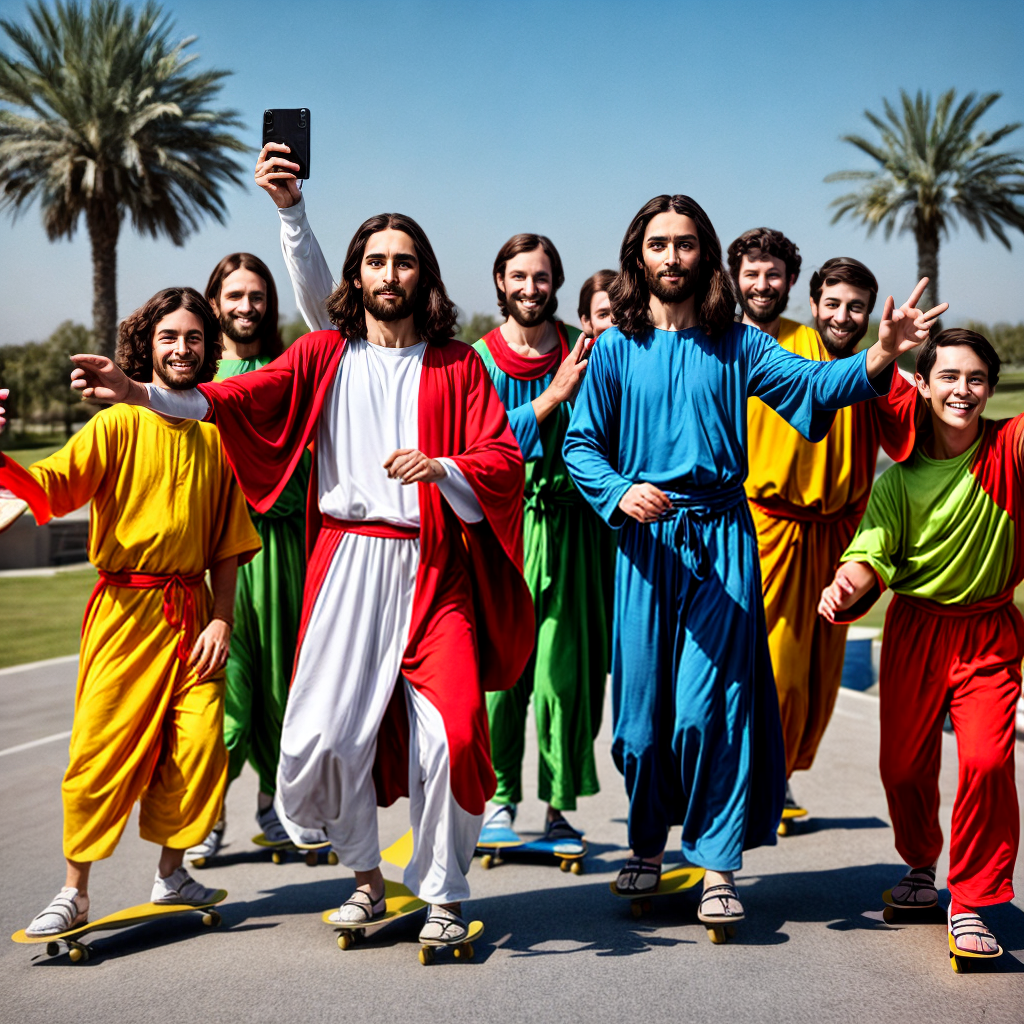 Jesus skateboarding in costume of his time with his disciples behind ...
