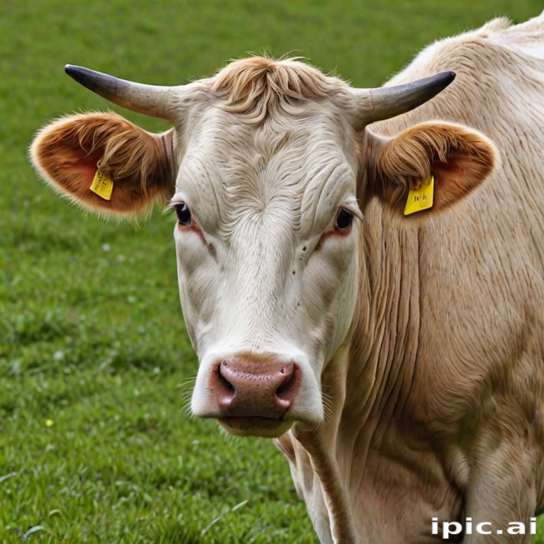 A Close-Up of a Curious Cow Grazing in a Lush Green Field.