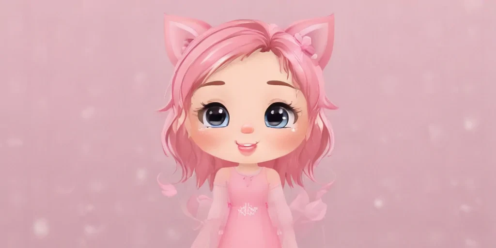 A Cute Cartoon Character with Pink Hair and Cat Ears Smiling Joyfully.