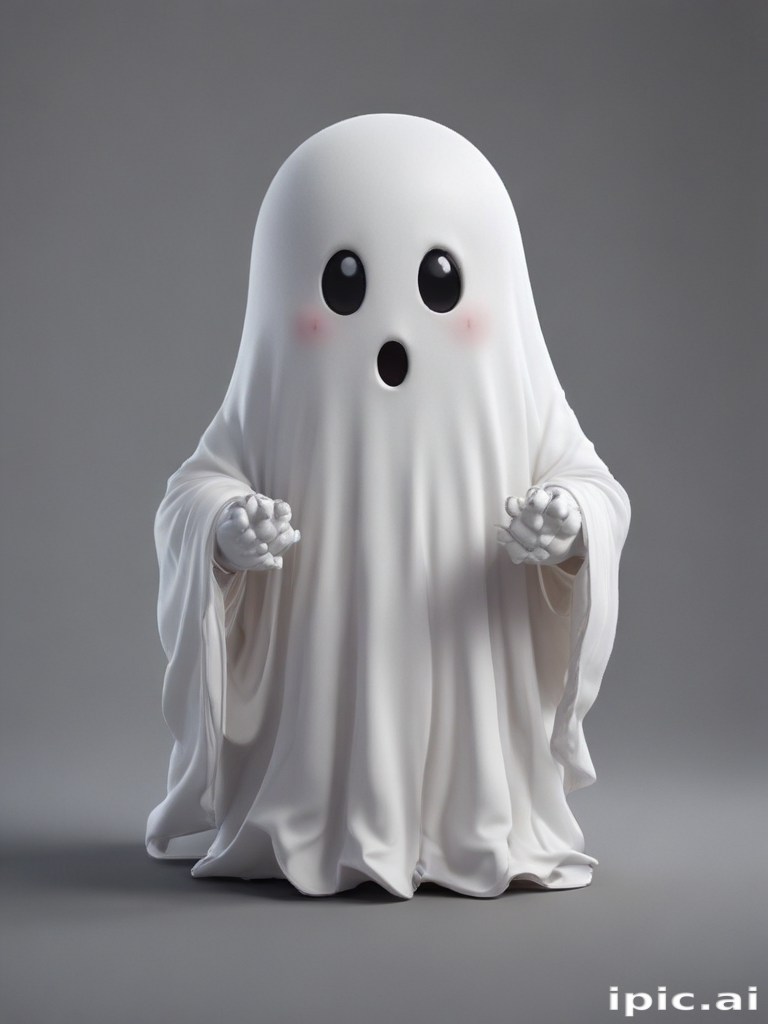 Adorable Cartoon Ghost with Big Eyes and Surprised Expression in White ...