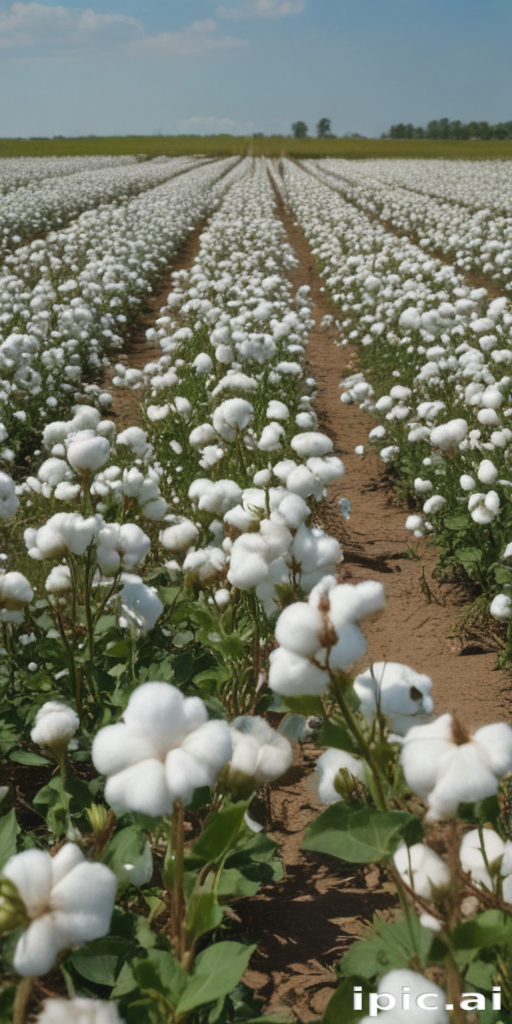 A Beautiful Cotton Field in Full Bloom Under a Clear Blue Sky.