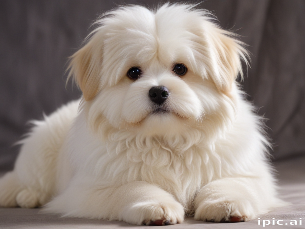 A Fluffy White Dog with Adorable Features Relaxing on a Soft Surface.