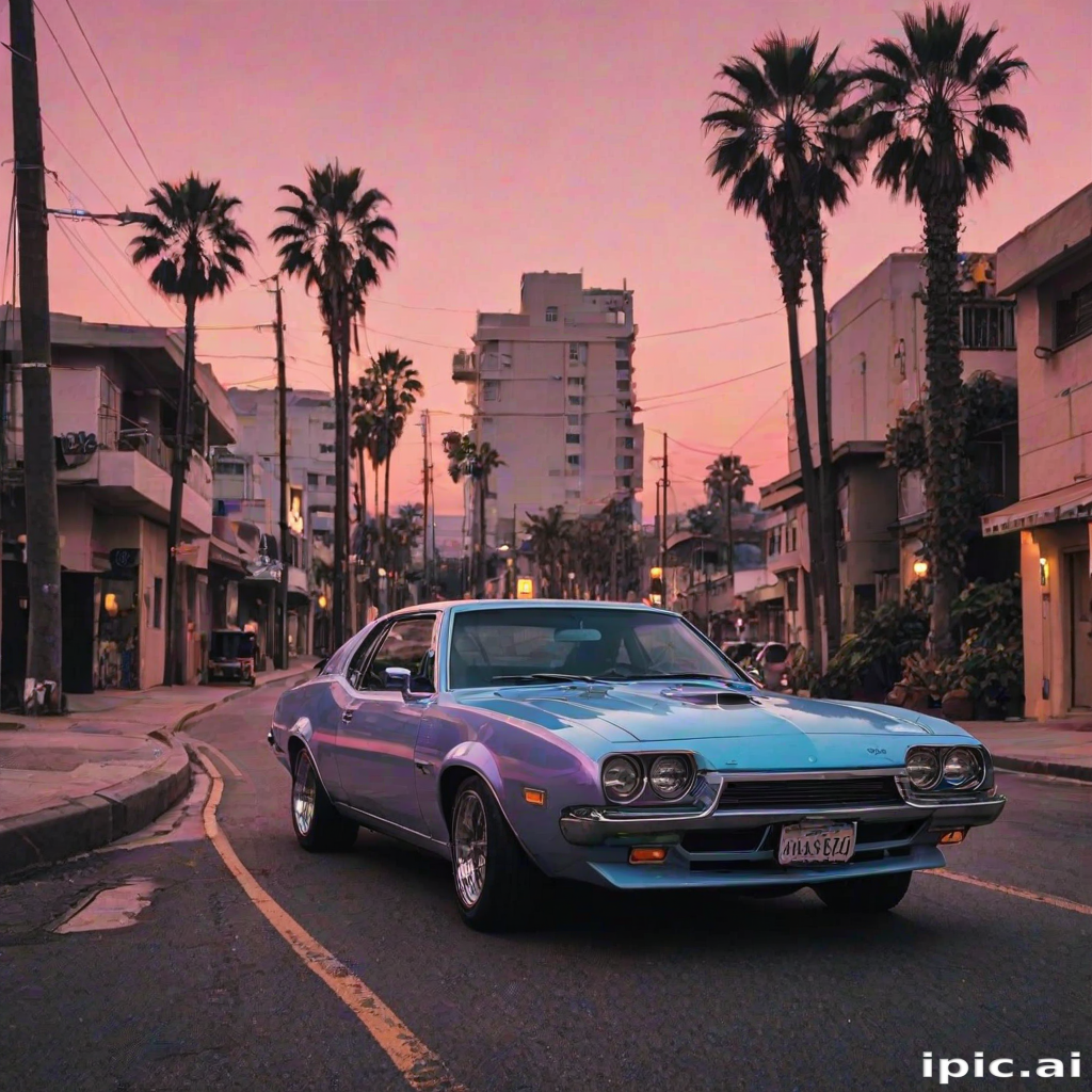 Classic Blue Muscle Car Parked on a Palm Tree-Lined Street at Sunset.
