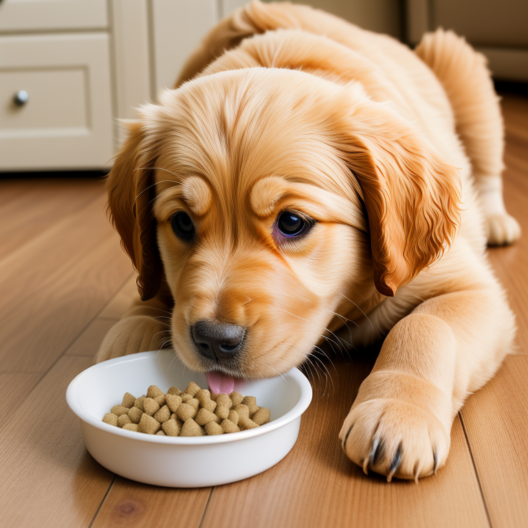 Adorable Golden Retriever Puppy Enjoying a Bowl of Dog Food at Home