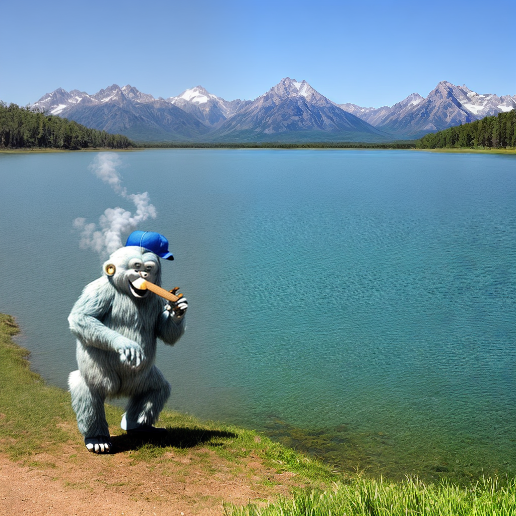 Cartoon Yeti smoking a cigar reeling in a fish at a lake