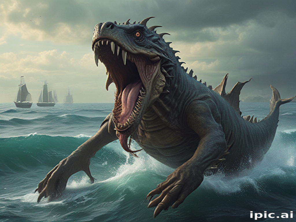 A Fierce Sea Monster Emerges from the Waves Near Sailboats.