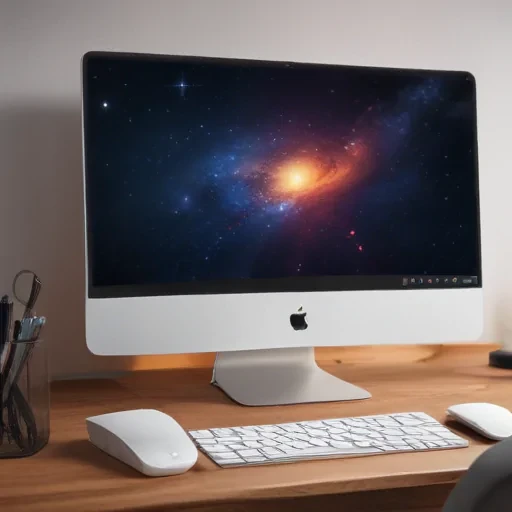 Modern Workspace Featuring an Apple iMac Displaying a Stunning Galaxy ...