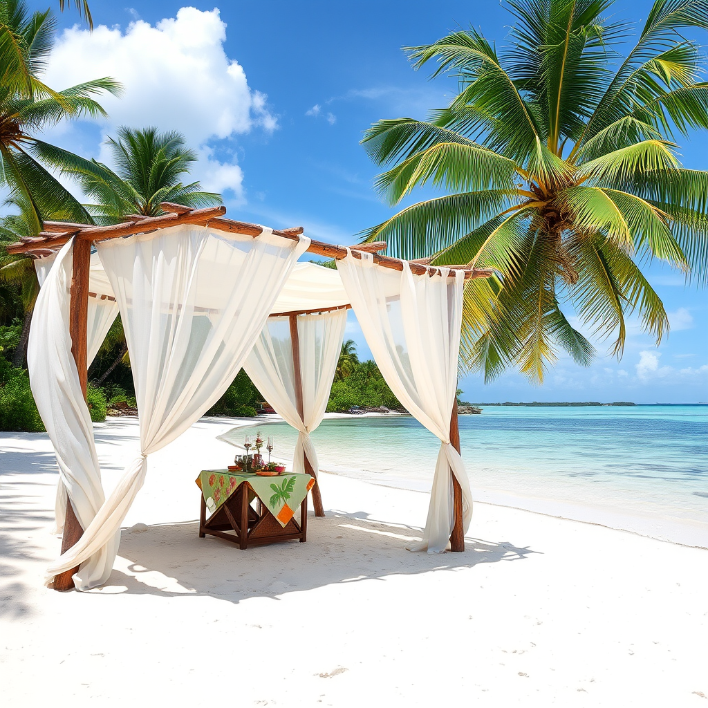 Tranquil Beachside Pavilion Surrounded by Lush Palm Trees and Crystal ...