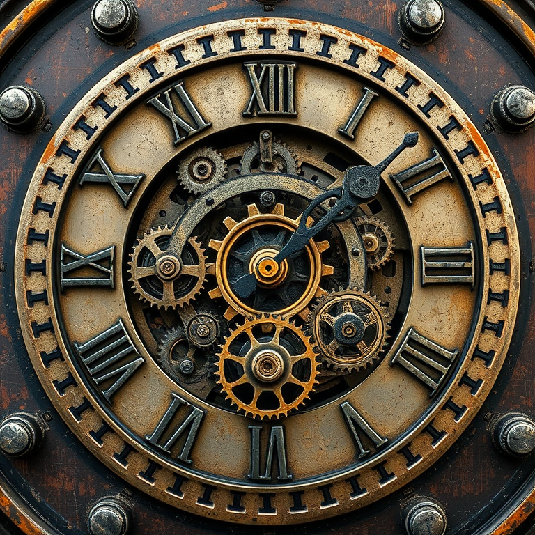 Intricate Steampunk Clock Mechanism with Gears and Roman Numerals Display