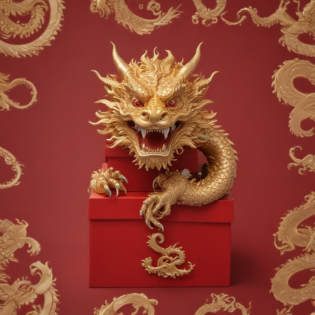 Chinese gold dragon wrapping around red box