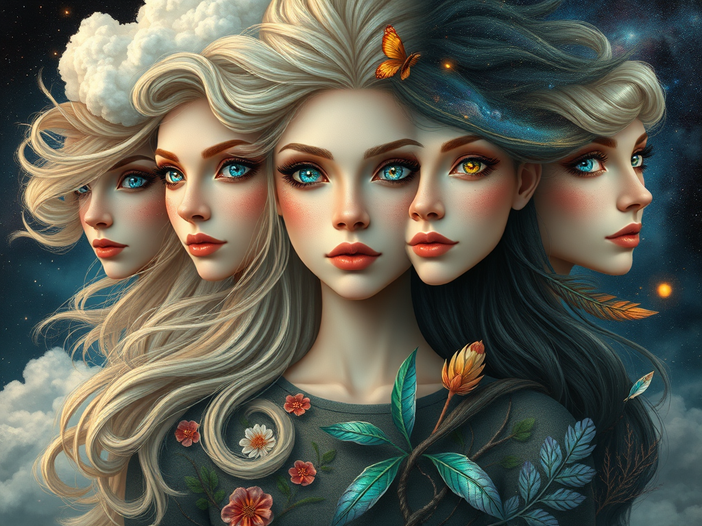 Portrait of Four Ethereal Women Embracing Nature and Cosmic Elements