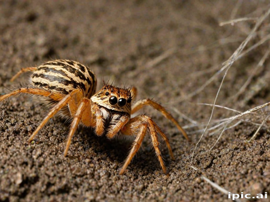 A Close-Up View of a Jumping Spider on a Sandy Surface.