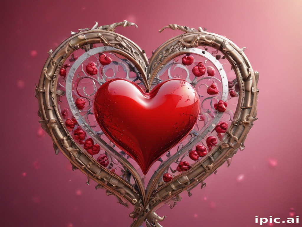 Intricate Heart Design with Roses and a Shiny Red Centerpiece