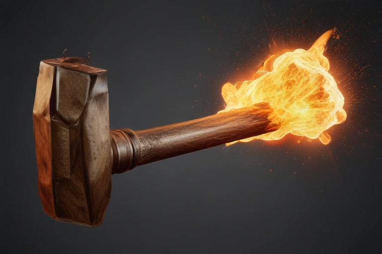 Magical Hammer with Fiery Flames Erupting from Its Striking Surface