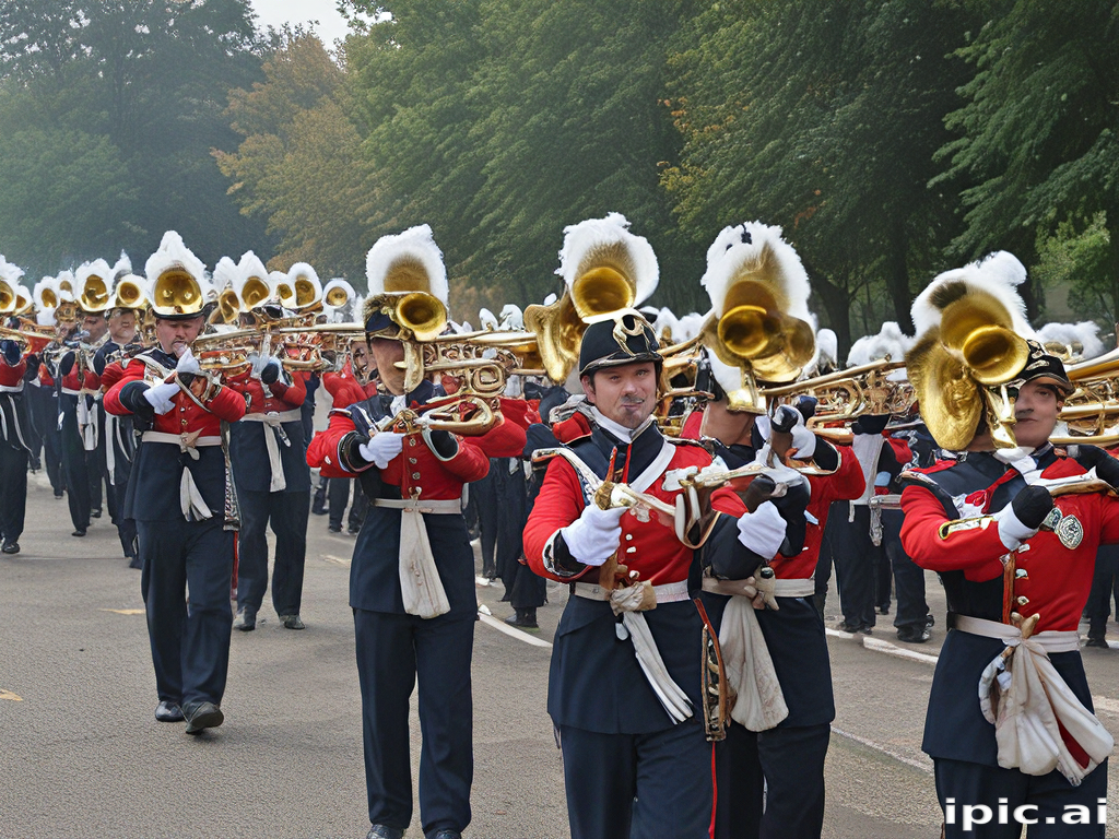 Marching Band in Uniforms Playing Brass Instruments During a Festive Parade
