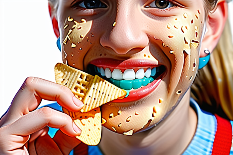 Smiling Girl Enjoying a Cheesy Snack with a Playful Expression