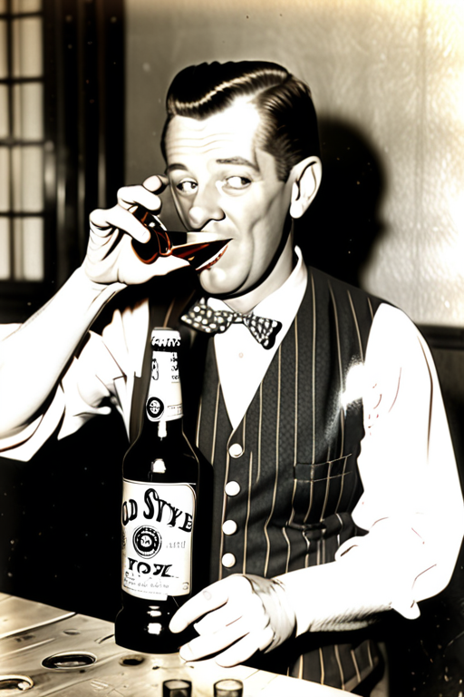 Vintage Bartender Enjoying a Cold Brew with a Charming Smile