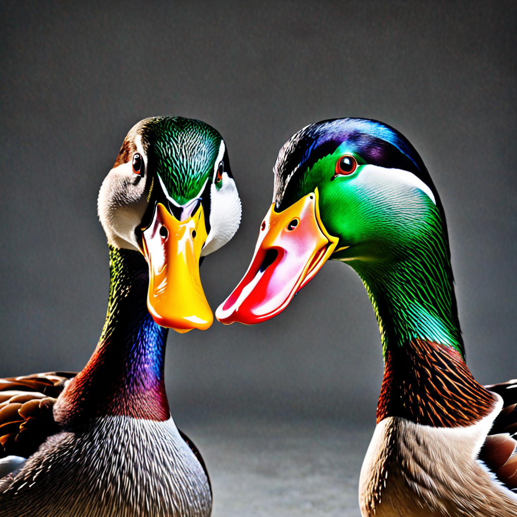2 heads duck with open beak showing tongue, concept art