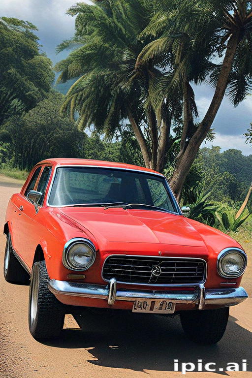 Classic Red Sedan Parked on a Scenic Road Surrounded by Lush Greenery