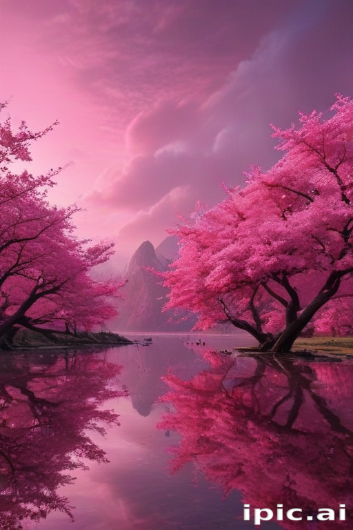 A Serene Landscape of Blossoming Cherry Trees Reflecting in Calm Waters.