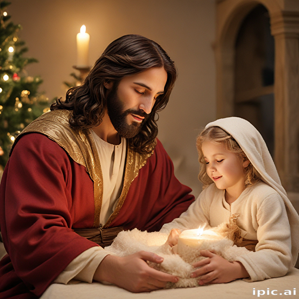 A Heartwarming Scene of Jesus and a Child Illuminated by Candlelight.