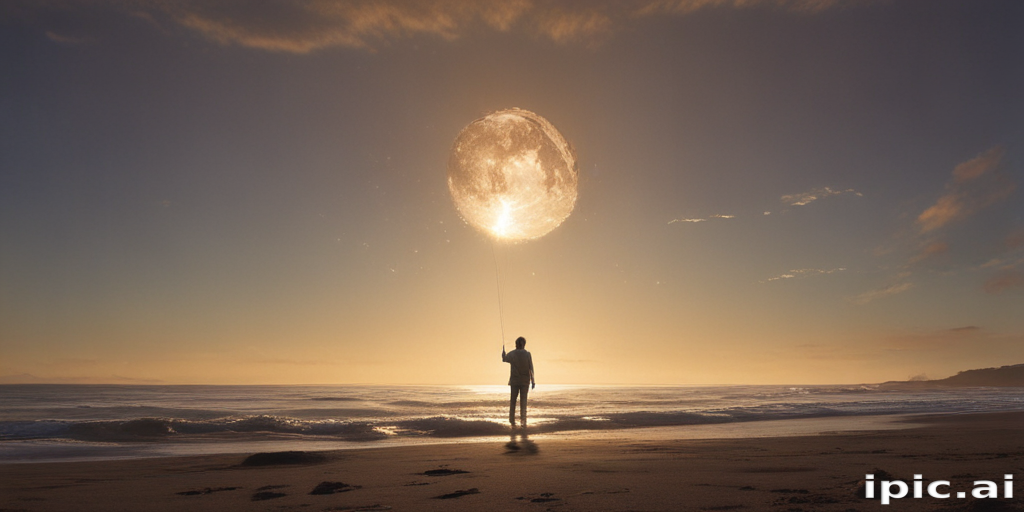 A Person Holding a Large Floating Balloon Against a Sunset Beach Scene
