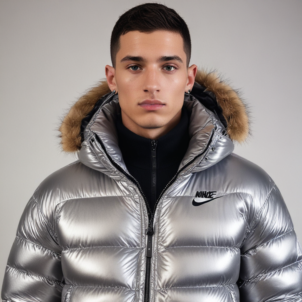 Male supermodel nike shiny puffer jacket bling jewellery hood