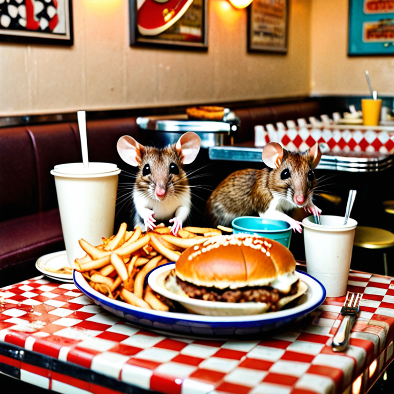 Mice enjoying a meal in an american diner