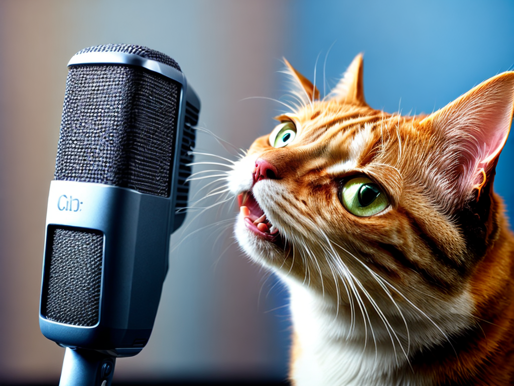 Cat singing into microphone, recording studio
