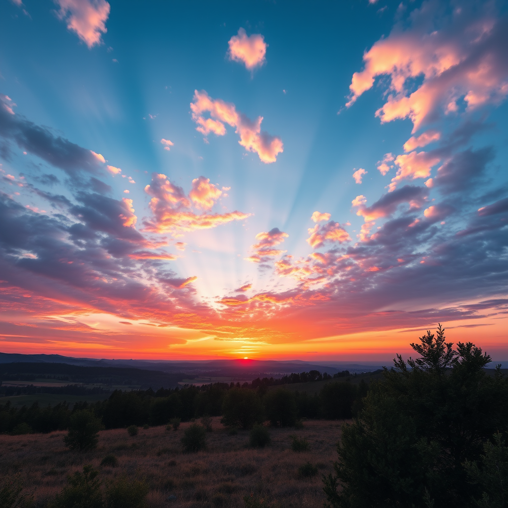 Stunning Sunrise Over the Horizon with Colorful Clouds and Rays of Light