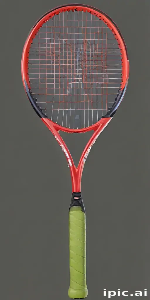 A Bright Red Tennis Racket with a Green Grip Against a Dark Background