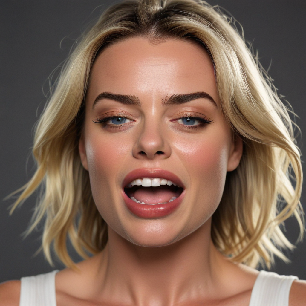 Margot Robbie screaming eyes closed mouth wide open