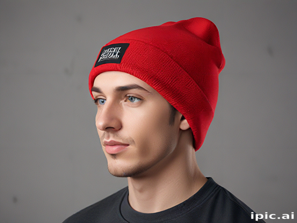 Stylish Young Man Wearing a Bright Red Beanie Hat Against Gray Background