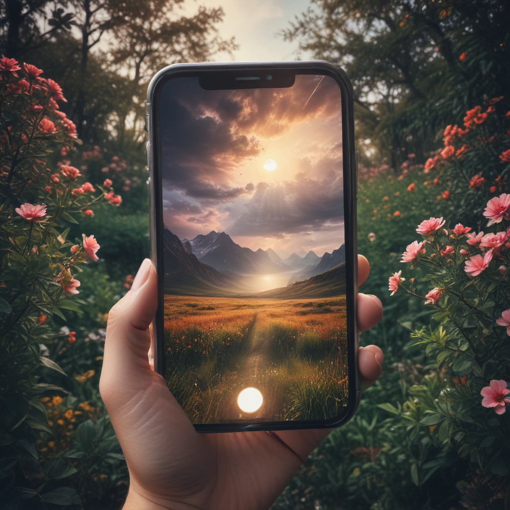 Capturing Nature's Beauty: A Phone Displaying a Scenic Landscape at Sunset