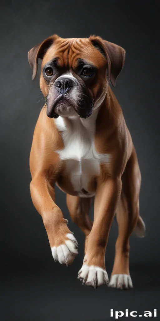 A Playful Boxer Dog Leaping in the Air Against a Dark Background