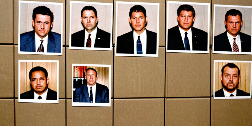 FBI team posing in front of a wall full of photos of famous criminals