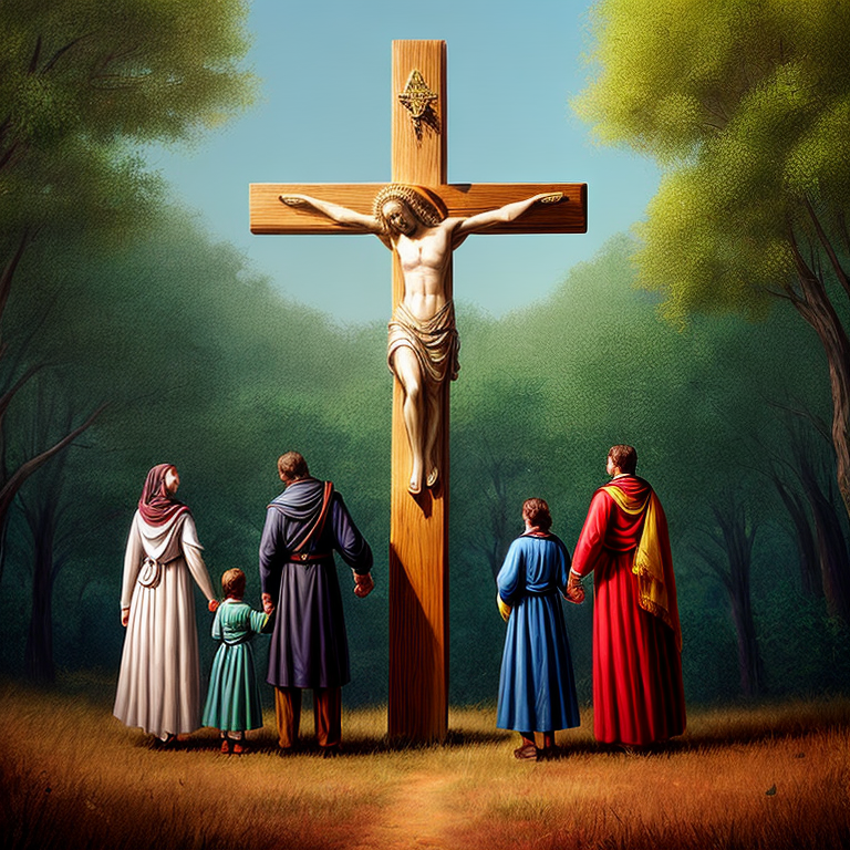 family by the cross holding hands in god's light