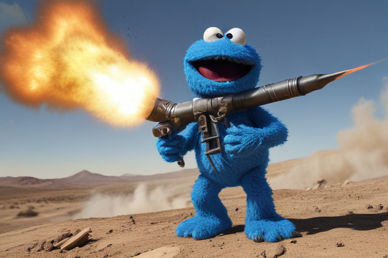 cookie monster shooting a rocket launcher