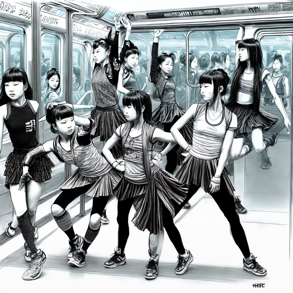CHINESE HIP HOP DANCERS GIRLS IN SUBWAY TRAIN. COMIC BOOK. SKETCH STYLE ...
