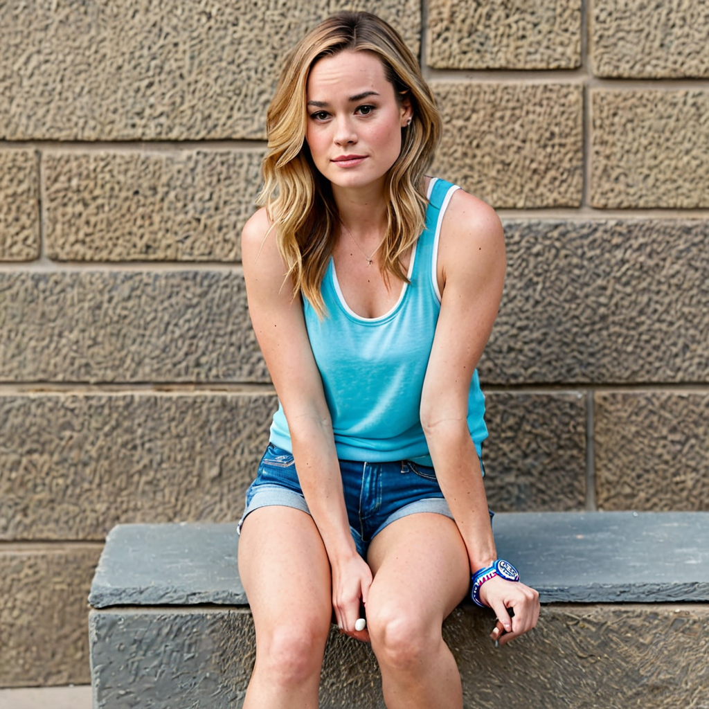 Mcu Brie Larson Carol Danvers sitting in Pink Tank Top, Blue Jean ...