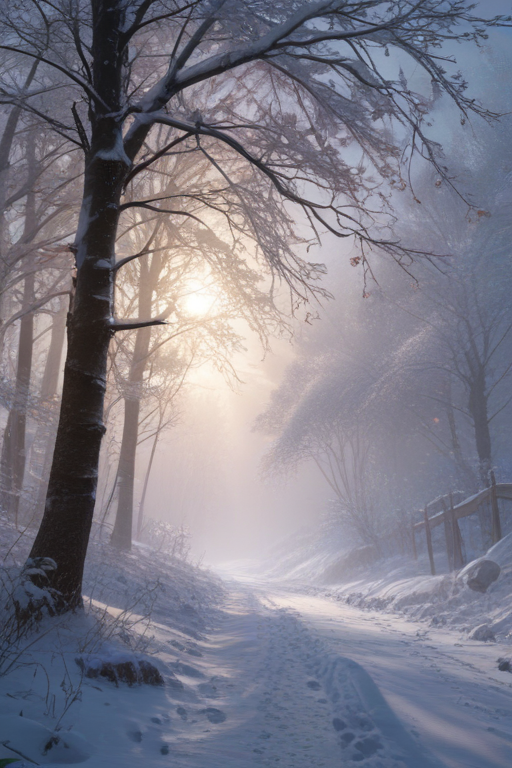 A Serene Winter Pathway Illuminated by Soft Morning Light and Snowfall.