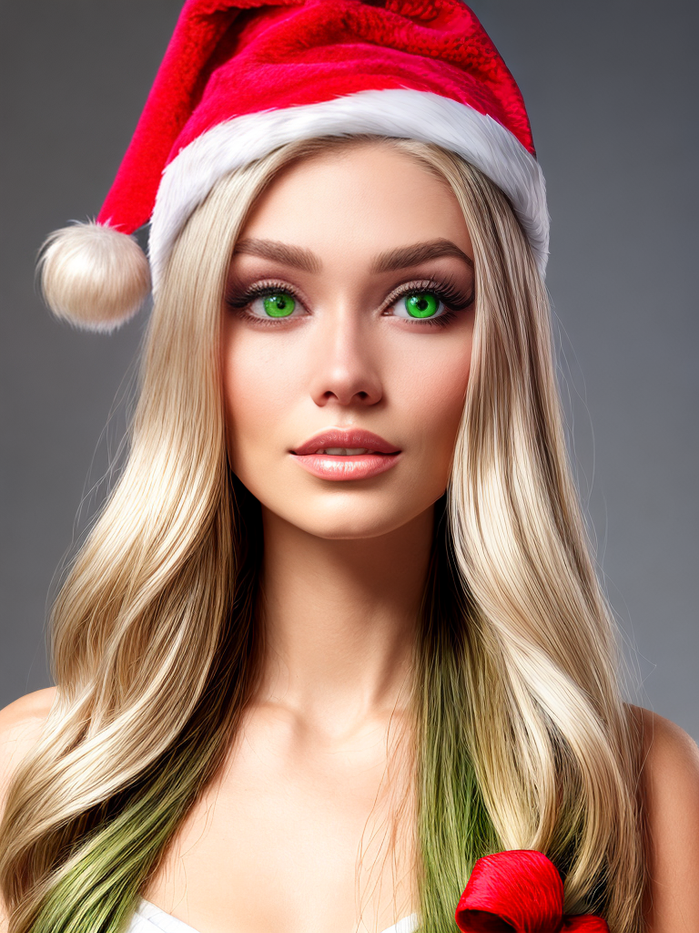 3d female grinch head santa hat long blonde wavey hair long eyelashes