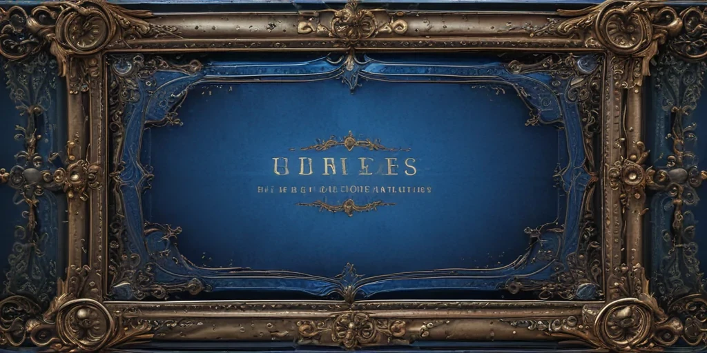 Elegant Blue Frame with Intricate Golden Details and Decorative Text Design