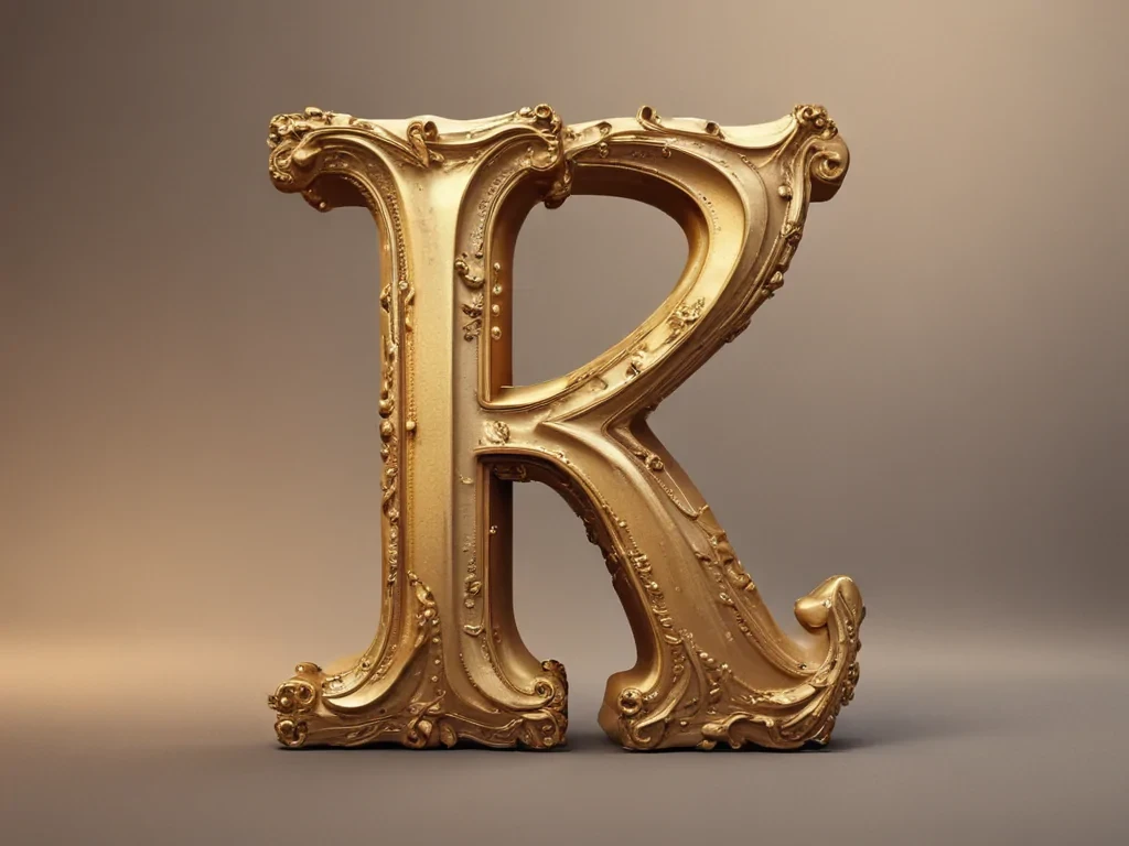 An Ornate Golden Letter 'R' with Intricate Decorative Details and Elegance