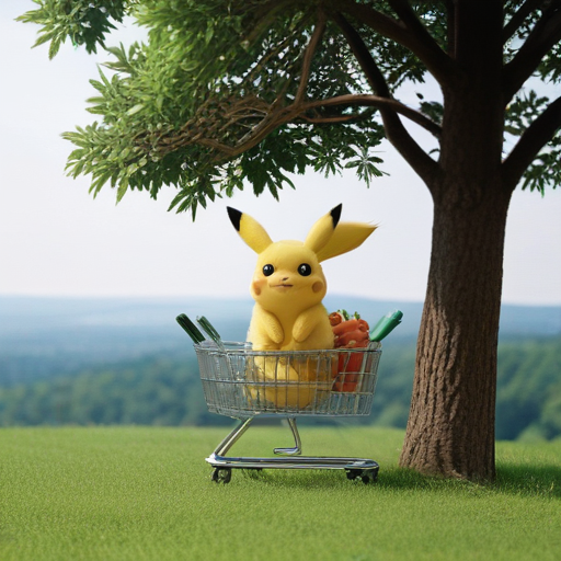 anime pikachu with a shopping cart green forest background with fruit